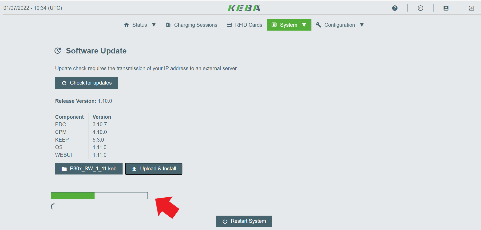 Installing firmware updates on the KEBA KeContact P30