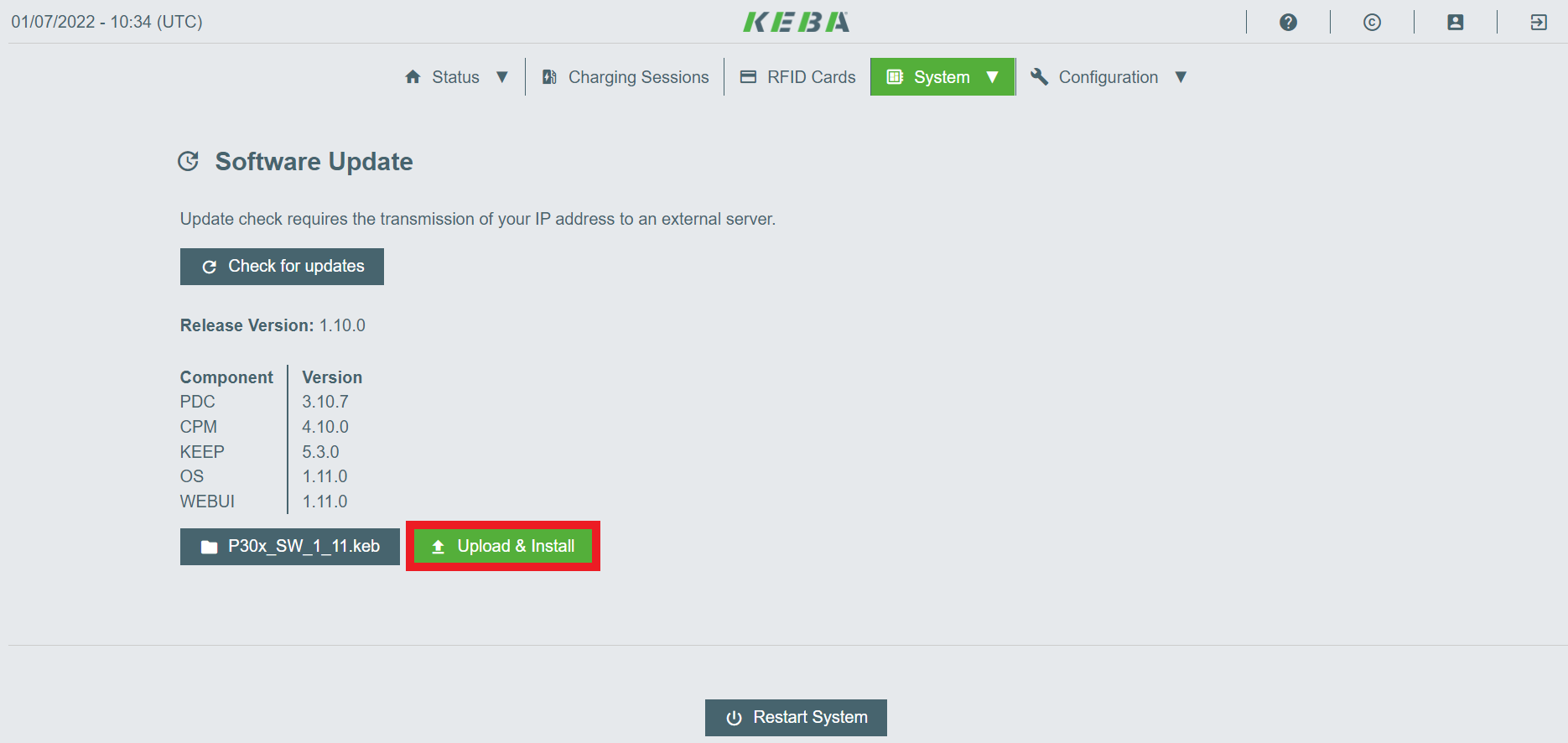 Installing firmware updates on the KEBA KeContact P30